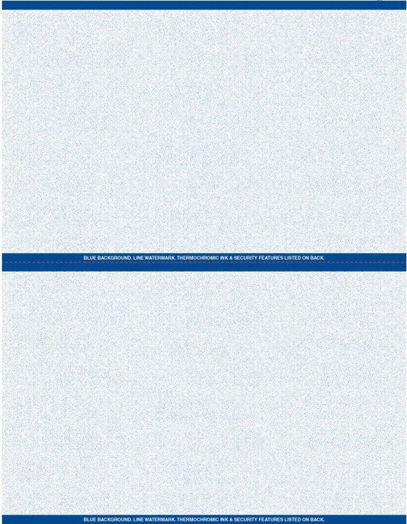 8 1/2" x 11" Laser Rx Paper, Blue - 2Up - Horiz Perf, custom